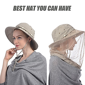 USHAKE Head Net Hat, Safari Hat Sun Hat Bucket Hat with Hidden Net Mesh Khaki
