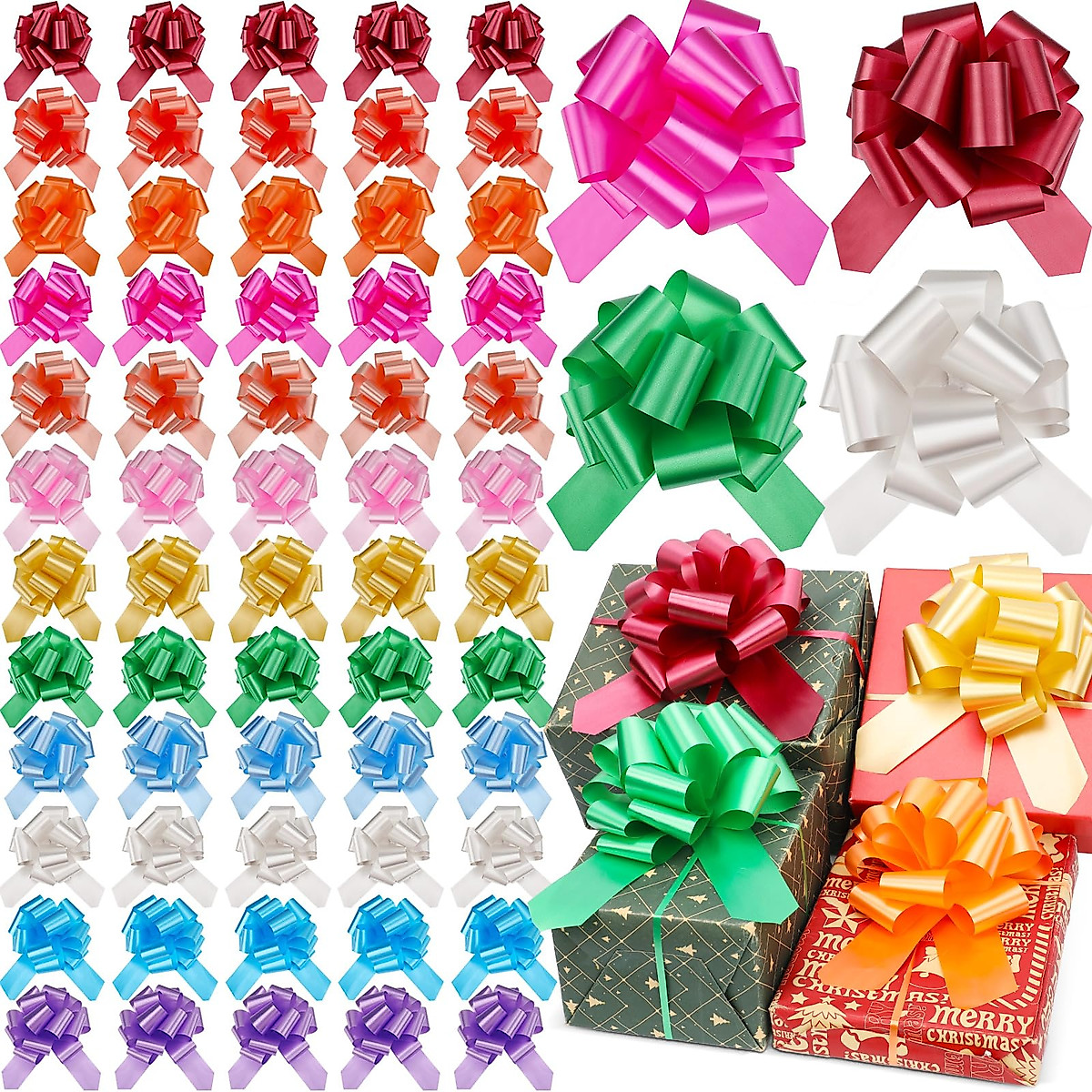 64 Pcs 6 Inch Christmas Pull Bows for Gift Wrapping Large Gift Bow with Ribbon Assorted Bows Pull String Bows Package Ribbons and Bows for Christmas Present Basket Valentine Easter Wedding Party