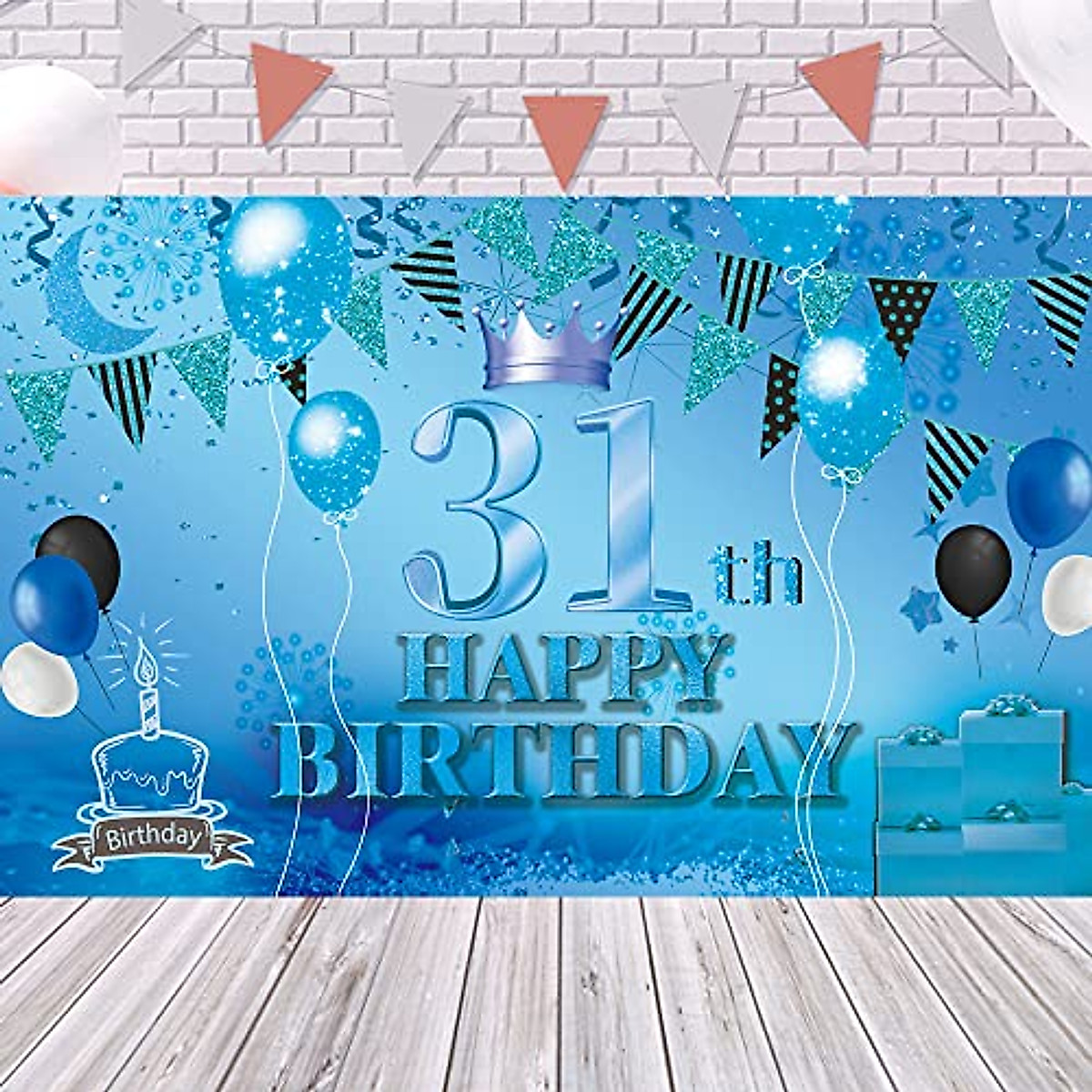 Happy 31th Birthday Backdrop Banner Blue 31th Sign Poster 31 Birthday Party Supplies for Anniversary Photo Booth Photography Background Birthday Party Decorations, 72.8 x 43.3 Inch