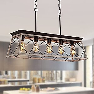 Q&S Dining Room Chandelier Light Fixtures,Farmhouse Rustic Vintage Antique Linear Chandeliers Pendant Ceiling Light Fixture for Kitchen Island Bar Office Coffee Shop 5-lights OAK and ORB UL Listed