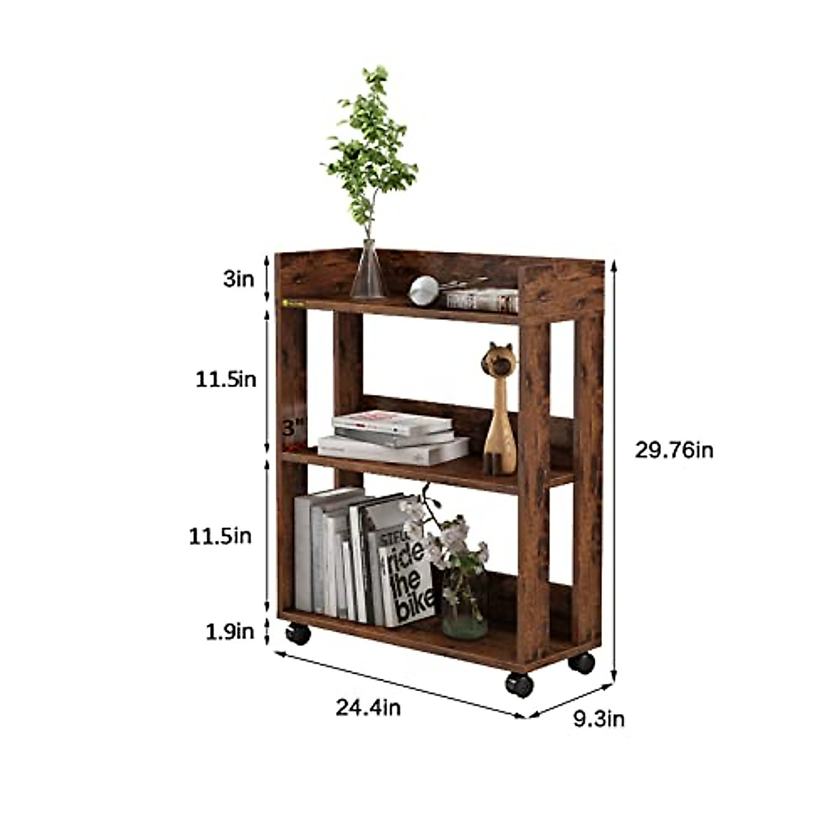 MIN WIN 3 Tier Open Bookshelf,Small Bookshelves Storage Display Shelf with Universal Wheels,Movable Standing Shelf Units,Wood Storage Rack for Small Spaces Home Office Bookcases Book Shelves,Antique