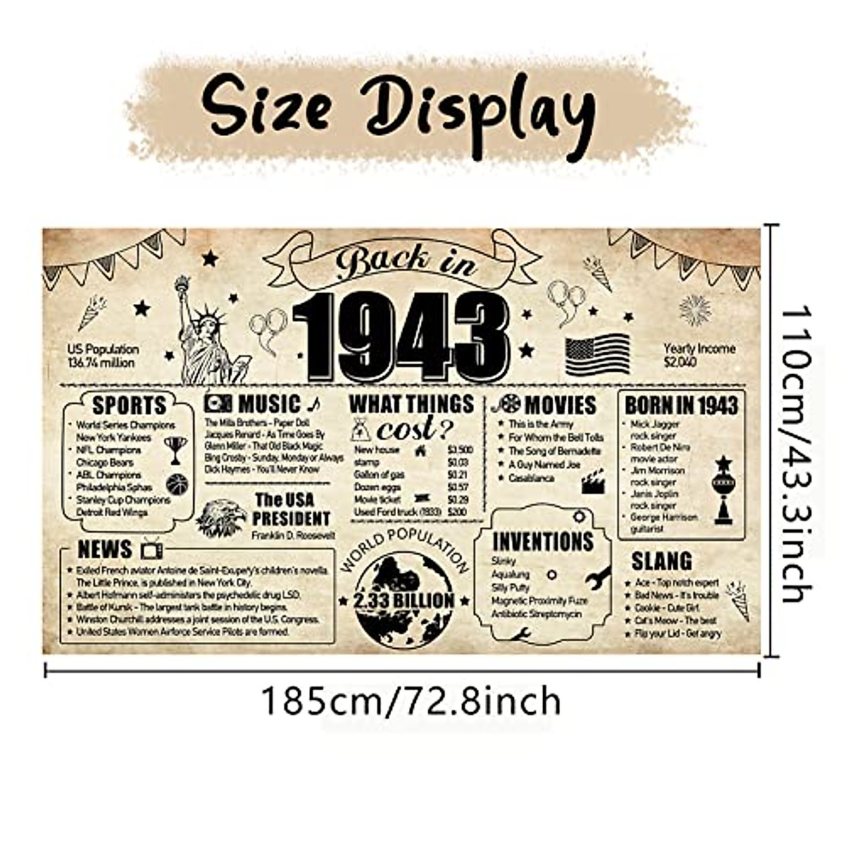 Large 80th Birthday Decorations Back in 1943 Banner for Men Women, 80th Birthday Background Sign Party Supplies, Eighty Years Old Birthday Photo Props for Indoor Outdoor