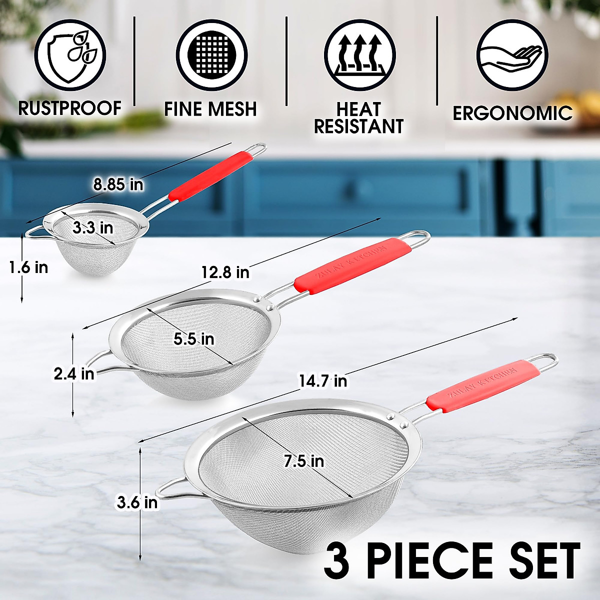 Zulay Kitchen Premium Stainless Steel Fine Mesh Strainer Set - Strainers For Kitchen (Set of 3) With Non-Slip Handles - Includes A Small, Medium & Large Fine Mesh Sieve Set - Durable Metal Strainer