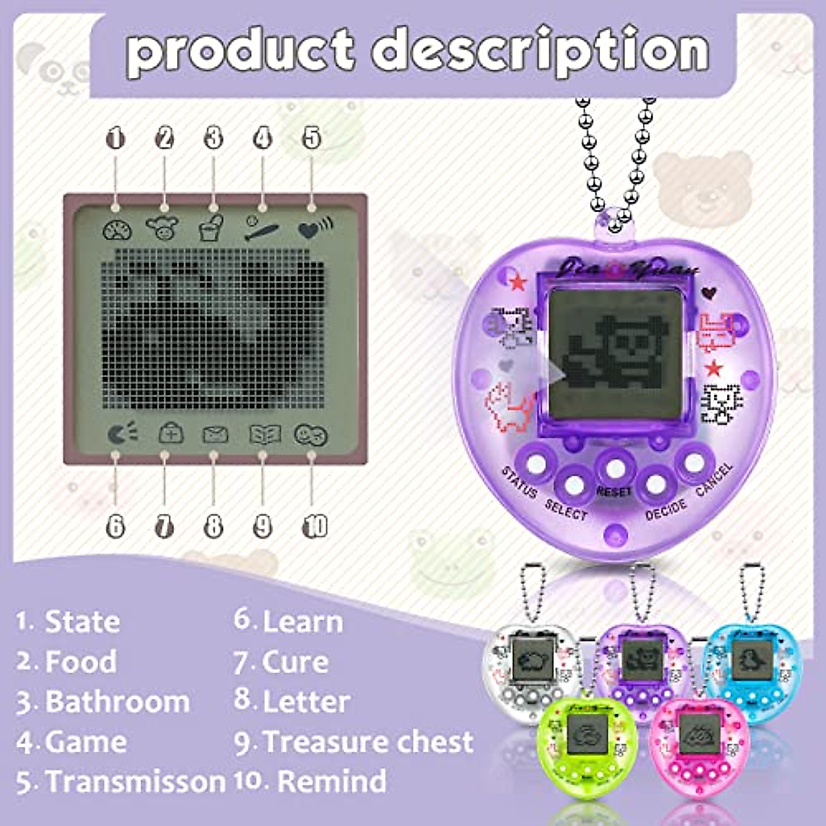 5 Pieces Virtual Pets Keychain for Kids Electronic Digital Pets Keychain 168 Pets Retro Handheld Game Machine for Halloween Christmas Random Color (Clear Heart Shape)