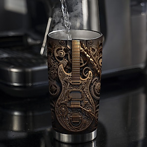 20oz Steampunk Mechanical Metal Rock Electric Guitar Tumbler, Guitarist, Musician Gifts, Coffee Thermos for Men, Stainless Steel Double Wall Vacuum Insulated Coffee Mug, Travel Cup with Lid