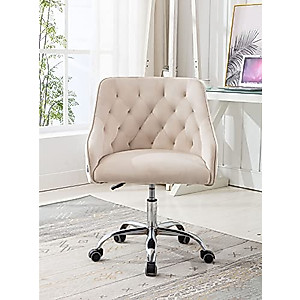 Baysitone Velvet Home Office Desk Chair, Modern Swivel Task Armchair with Adjustable Height, Upholstered Tufted Accent Computer Chair for Home and Office Working or Studying, Beige