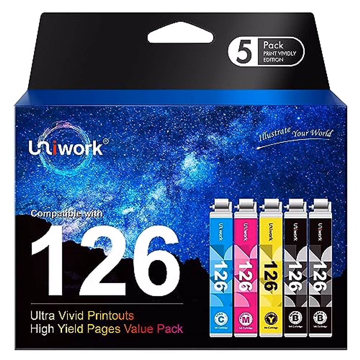 Uniwork Remanufactured Ink Cartridge Replacement for Epson 126 T126 use for Workforce 435 520 545 635 645 WF-3520 WF-3530 WF-3540 WF-7010 WF-7510 WF-7520 Stylus NX430 Printer Tray, 5 Pack