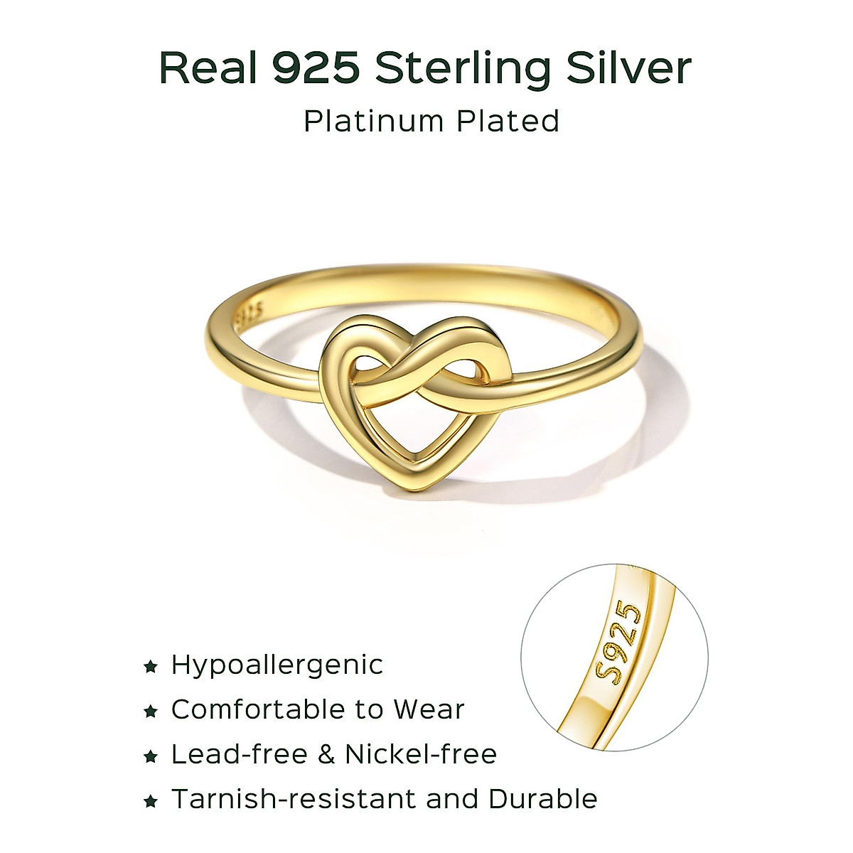 ChicSilver Gold Ring for Women Simple Gold Plated Sterling Silver Love Knot Ring Knot Heart Gifts for Mom Jewelry - Size 6