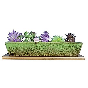 ARTKETTY Succulent Pots, 9.8 Inch Ceramic Succulent Planters with Drainage Small Bonsai Pot with Bamboo Tray, Mini Cactus Flower Planter Pot Shallow Rectangular Window Planters for Indoor Plants
