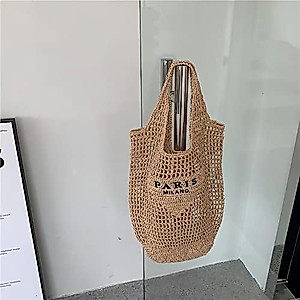New Woven Bag, Straw Mesh Tote Bag, Beach, Shoulder Bag, Hobo Women, Foldable Large Capacity, for Holiday, Picnic and Party. (Khaki)