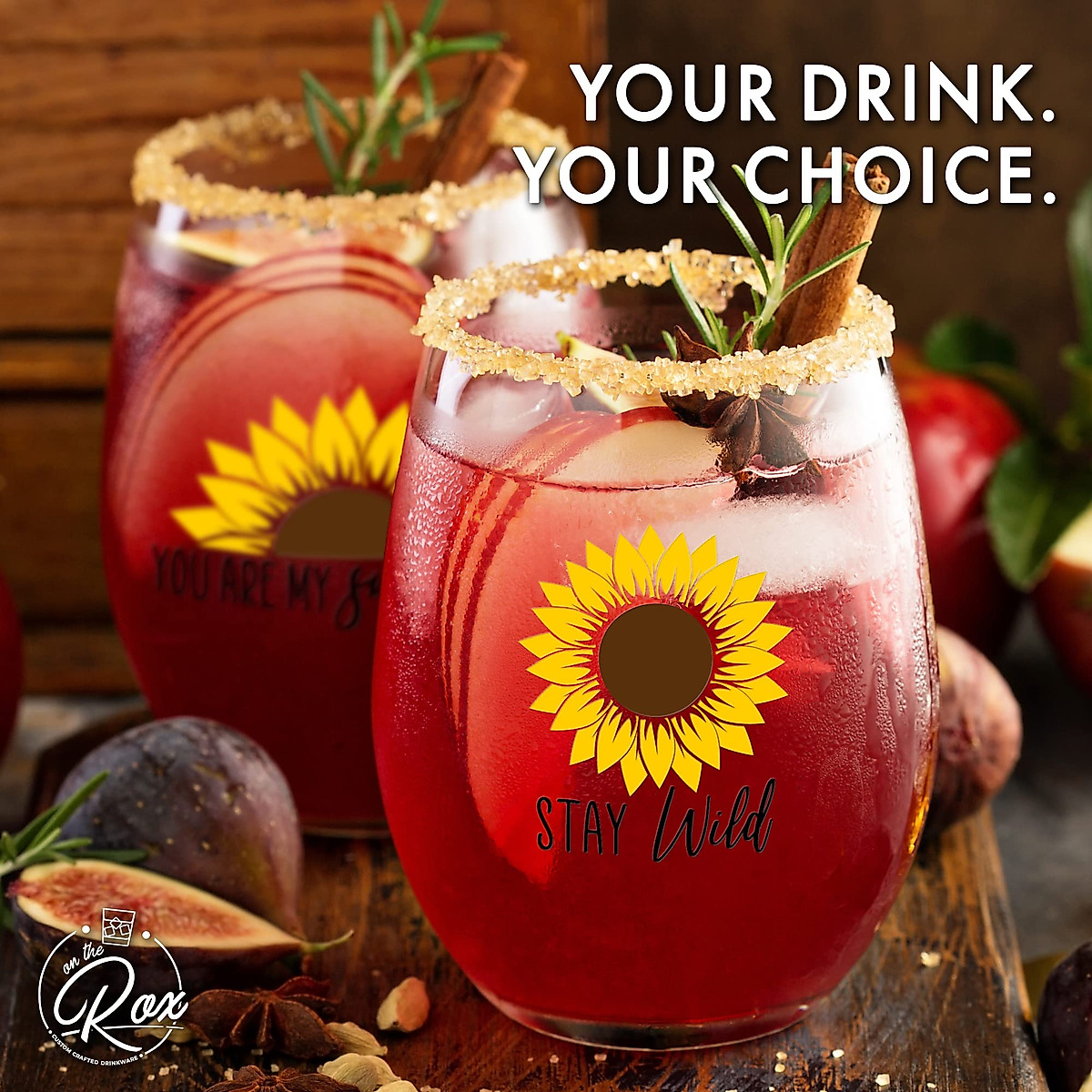 On The Rox Drinks Sunflower Wine Glasses Set of 2 - You Are My Sunshine - Sunflowers Gifts for Women and Kitchen Decor Accessories - Wine Tumbler Cup Glass Set - Sunflower Gift for House - 15 Oz