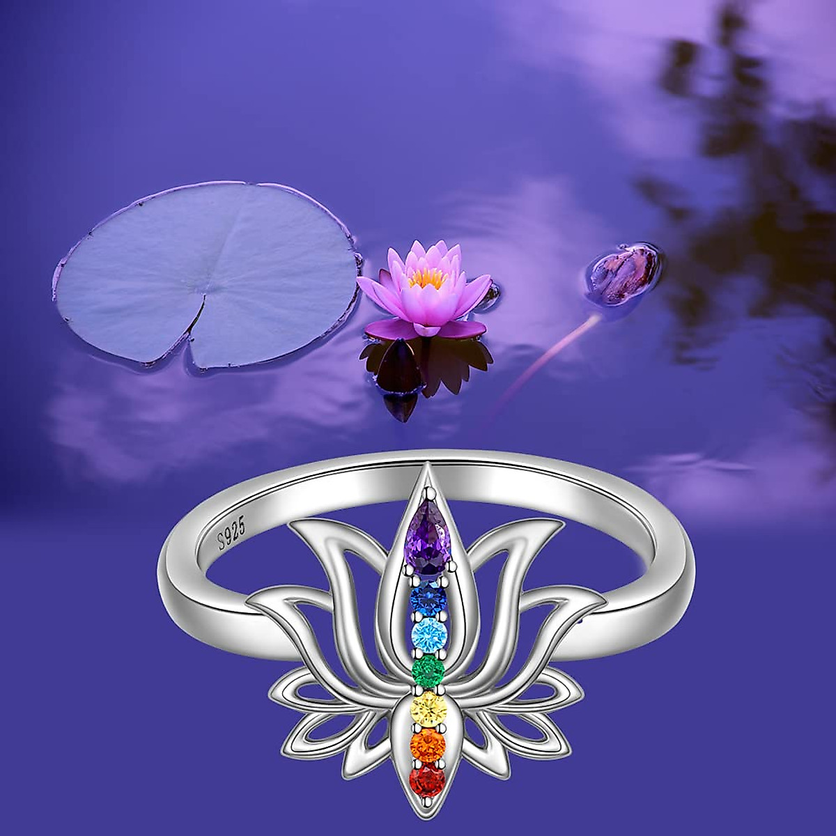 Jewlikee Lotus Ring 7 Chakra Rings for Women Sterling Silver Lotus Flower Yoga Energy Balance Chakras Jewelry Meditation Anxiety Relief Size 7