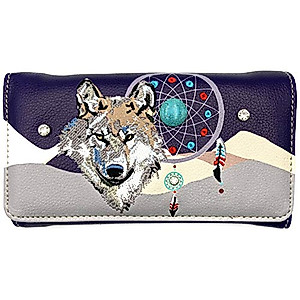Wolf Embroidery Dream Catcher Feather Tribal Conceal Carry Tote Handbag Purse (Purple Purse Wallet Set)