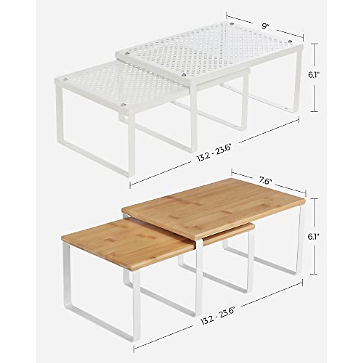 SONGMICS Bamboo Shelf Organizers and Metal Shelf Organizers Bundle, Stackable, Expandable Kitchen Shelves, White and Natural UKCS01WT and UKCS02NW