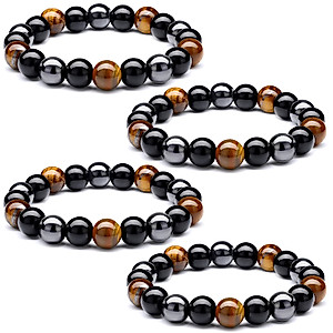Hicarer 4 Pieces Bracelet Tiger Eye Beads Bracelet Lava Stone Essential Oil Diffuser Bracelets Stress Relief and Anxiety Bracelet, Healing Crystal Yoga Bracelet for Men Women(Basic Style)
