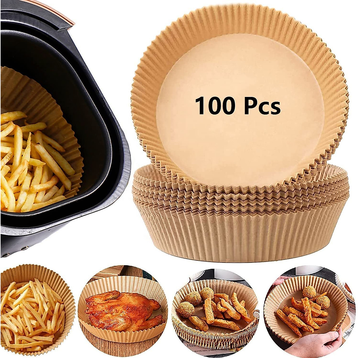 100PCS Air Fryer Liners Disposable Paper,Parchment Paper For Air Fryer, Disposable Paper Towel For Air Fryer,For Baking, Roasting, Microwave, Oil and Water Proof, Oven Accessories(3-5L-6.3 inch)