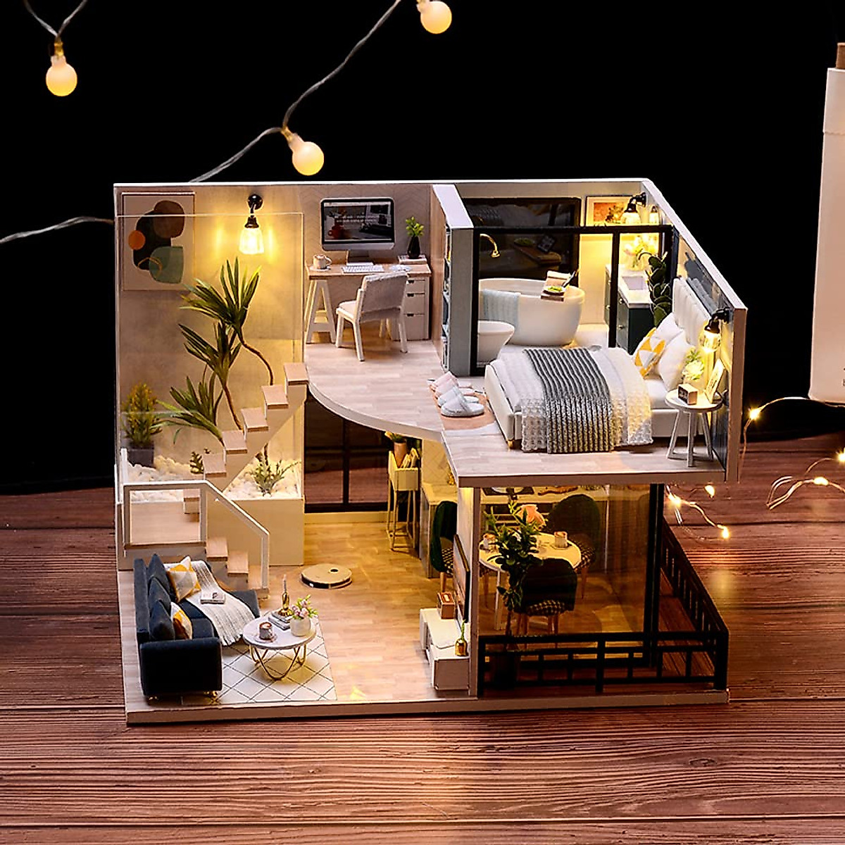 TuKIIE DIY Miniature Dollhouse Kit with Furniture, 1:24 Scale Creative Room Mini Wooden Doll House Accessories Plus Dust Proof & Music Movement for Kids Teens Adults(Satisfied Time)