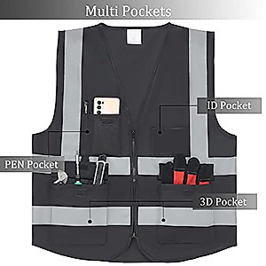 WORCBGIO Reflective Safety Vest with Pockets High Visibility Sliver Strip for Men and Women (Black, Medium)