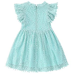 Csbks Toddler Girls Cute Pompoms Lace Floral Elegant Retro Swing Party Dress Blue-Green 130