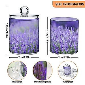 Kigai 2 Pack Purple Lavenders Qtip Holder Dispenser for Cotton Ball, Cotton Swab, Cotton Round Pads, Floss -Clear Plastic Apothecary Jar Set for Bathroom Canister Storage Organization