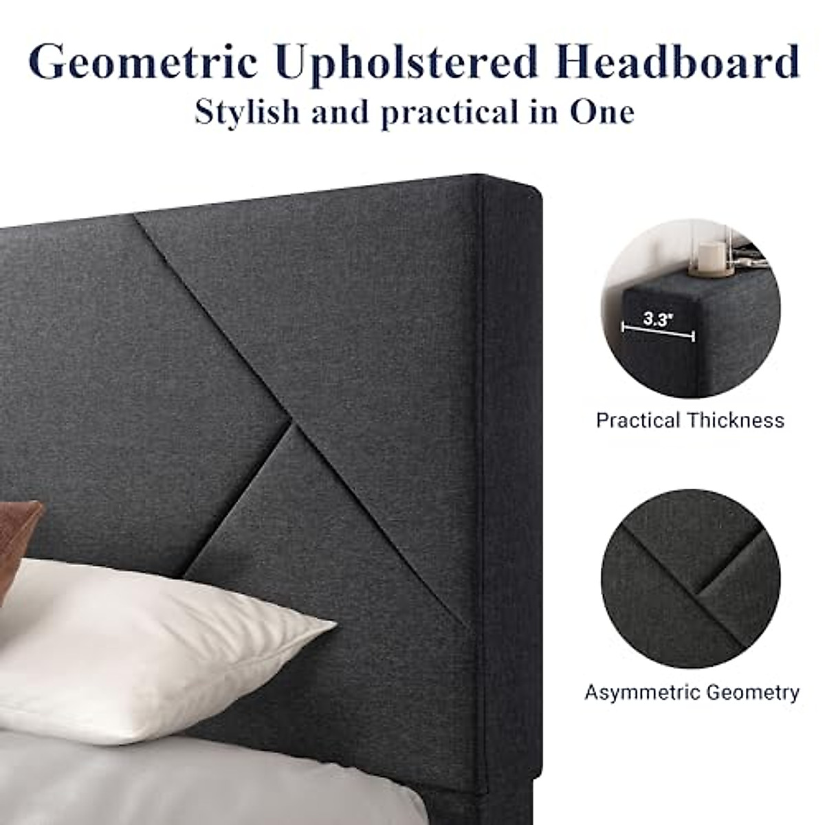 Allewie Queen Size Upholstered Bed Frame with Geometric Headboard, Heavy-Duty Platform Bed, No Box Spring Needed, Dark Grey