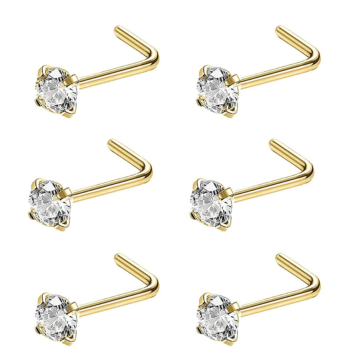 6ixGosh 6pcs 20g Nose Studs Black Rose Gold Nose Rings Stainless Steel L Shaped Corkscrew Nose Ring Studs for Women Men Small Cute Nose Rings Stud 3mm Cz Nostril Piercing Jewelry