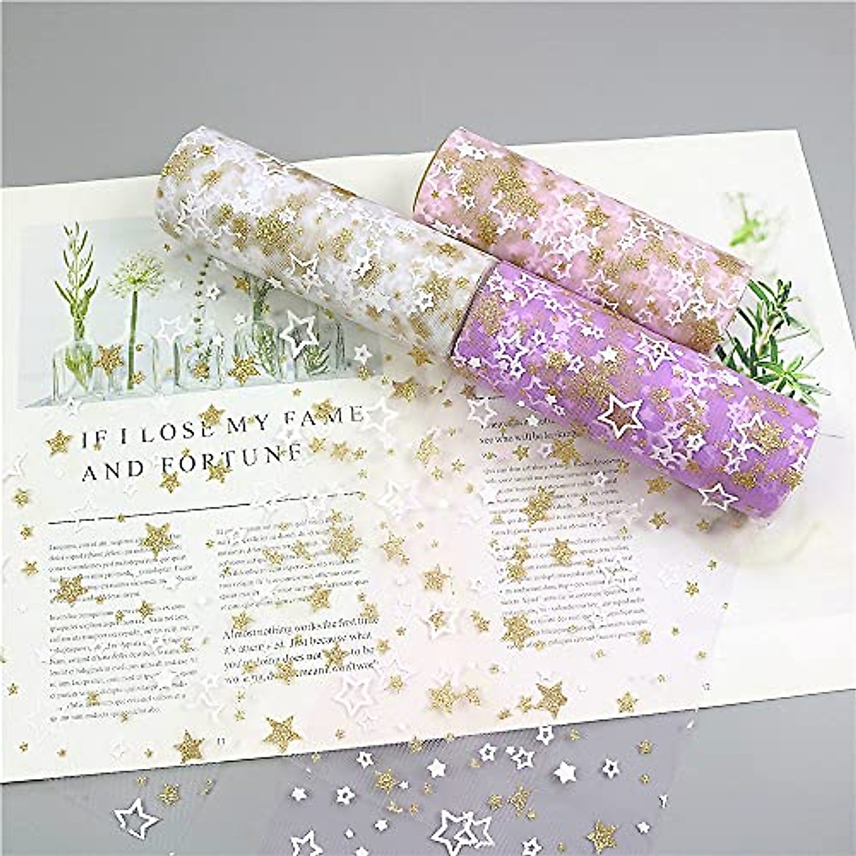 Yuanchuan Golden Star Glitter Tulle Rolls 6 inch x 10 Yards (30 feet) Tulle Rolls Spool Fabric Tutu for DIY Skirts Wedding Gift Wrap Sewing Crafting Bow Bridal Decorations Birthday Party (Purple)