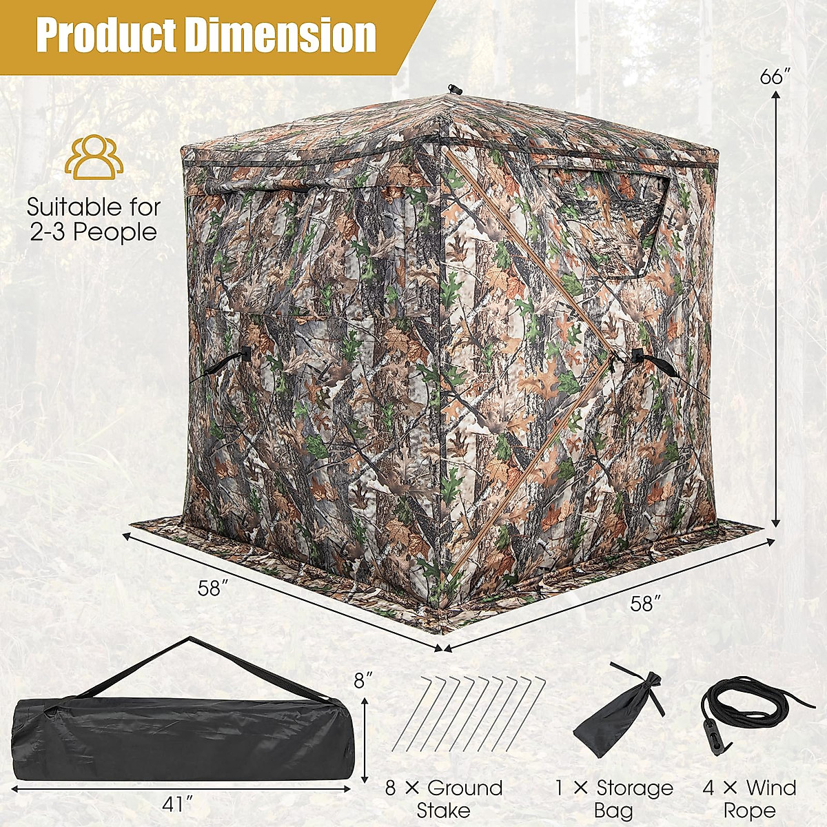 HAPPYGRILL Hunting Ground Blind for 2-3 Person, 270° See Through Hunting Blind with Storage Bag, Panoramic Window, Silent Window Slide, Portable Pop Up Blind Hunting Tent
