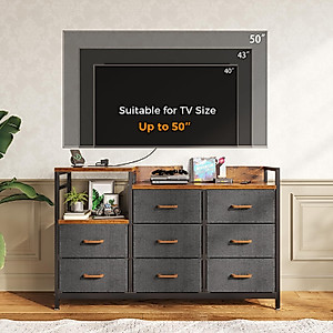 ODK Dresser with Charging Station, 52-Inch Long Dresser for Bedroom with 8 Storage Drawers, Fabric Dressers Chests of Drawers with Sturdy Steel Frame and Wooden Top, Vintage and Dark Grey