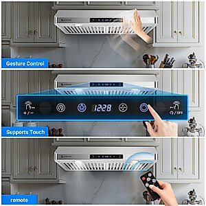 AMZCHEF Under Cabinet Range Hood 30 Inch, 700CFM Stainless Steel Kitchen Stove Vent Hood 3 Speed Exhaust Fan Touch/Remote/Gesture Control LED lights Time Setting Dishwasher-Safe Baffle Filters