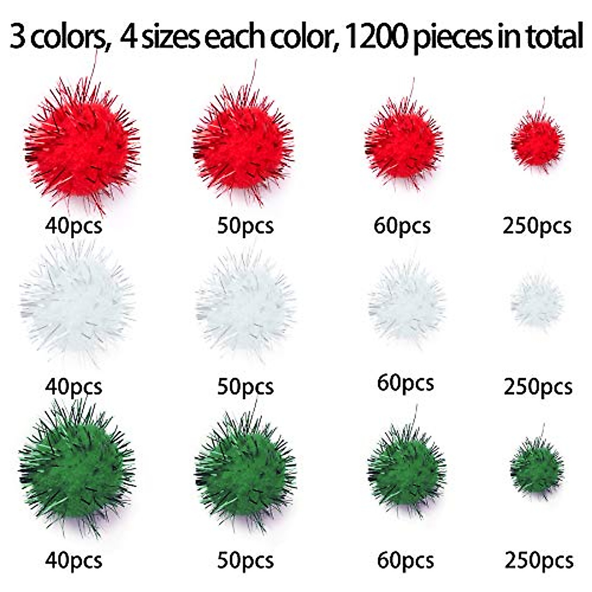 BQTQ 1200 Pieces Christmas Pom Pom Tinsel Pom Pom Balls Glitter Fluffy Pom Pom for Craft Making and Christmas Decorations (4 Sizes, White, Green, Red)