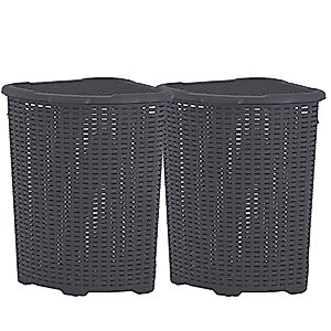 Plastic Corner Laundry Hamper with Lid, Curved Designed Laundry Basket, 2 Pack Triangle Grey Cloths Hamper Organizer with Cut-out Handles for Laundry Room Bedroom Bathroom, Wicker Design, 50 Liter