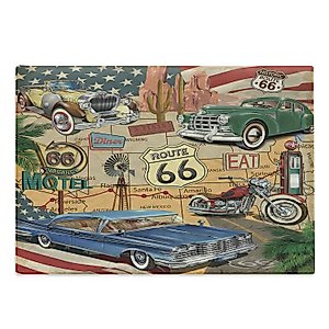 Lunarable Route 66 Cutting Board, Old Fashioned Cars Motorcycle on a Map Road Trip Journey American USa Concept, Decorative Tempered Glass Cutting and Serving Board, Large Size, Blue Brown