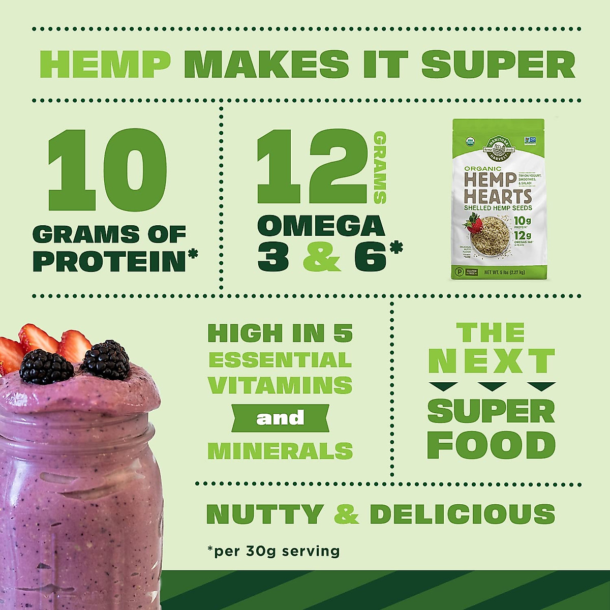 Manitoba Harvest Organic Hemp Seeds, 5 lb, 10g Plant Based Protein and 12g Omega 3 & 6 per Srv, smoothies, yogurt & salad, Non-GMO, Vegan, Keto, Paleo, Gluten Free