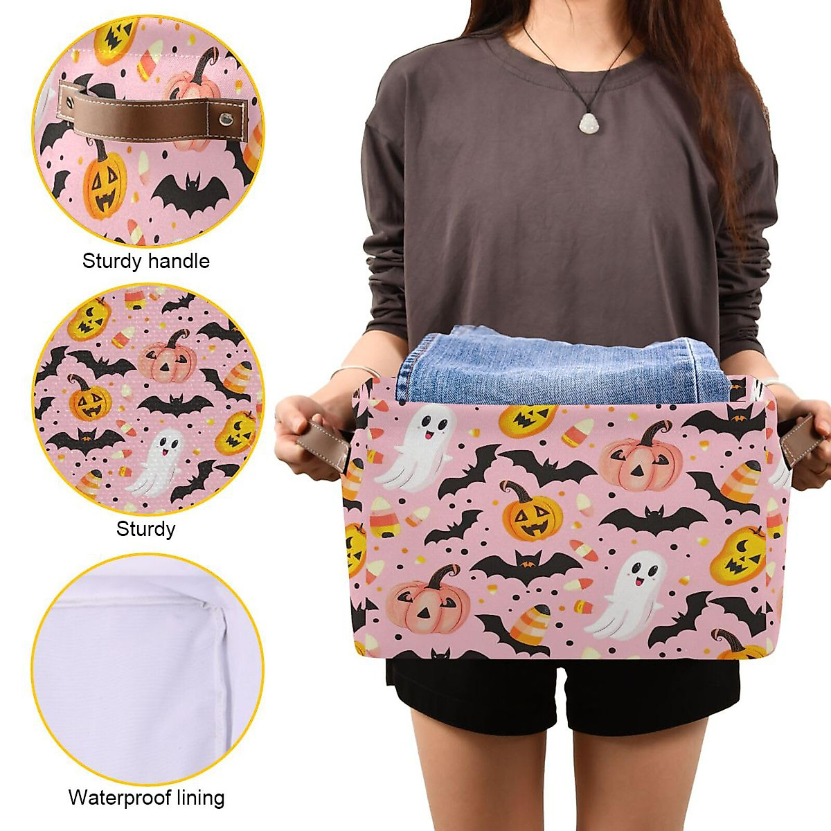 Kigai 2 PCS Storage Basket Halloween Boo Waterproof Foldable Canvas Storage Bin Laundry Basket Toy Clothes Organizer for Nursery Closet Shelf Office