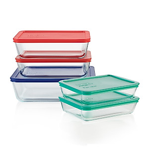Pyrex Simply Store 10-Pc Glass Food Storage Container Set with Lid, 11-Cup, 6-Cup & 3-Cup Rectangular Glass Storage Containers with Lid, BPA-Free Lid, Dishwasher, Microwave and Freezer Safe