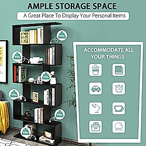 Tangkula 6 Tier S Shaped Bookshelf, 31.5''L x 9''W x 75''H, Wooden Bookcase and Bookshelves w/Anti-Toppling Device, Room Divider Display Shelves for Living Room, Home Decor, 6 Shelf Bookshelf