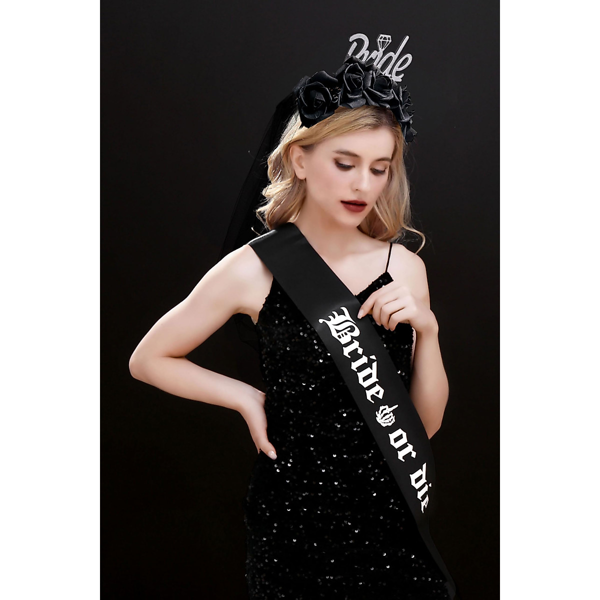 JeVenis Goth Bride to Be Sash Gothic Bride To Be Headband Bride or Die Bachelorette Decoration