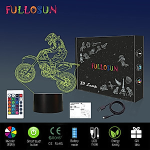FULLOSUN Dirt Bike Gifts, Motocross 3D Night Light for Kids for Xmas Holiday Birthday Gifts for Kids Motorcycle Fan with Remote Control 16 Colors Changing + 4 Changing Mode + Dim Function