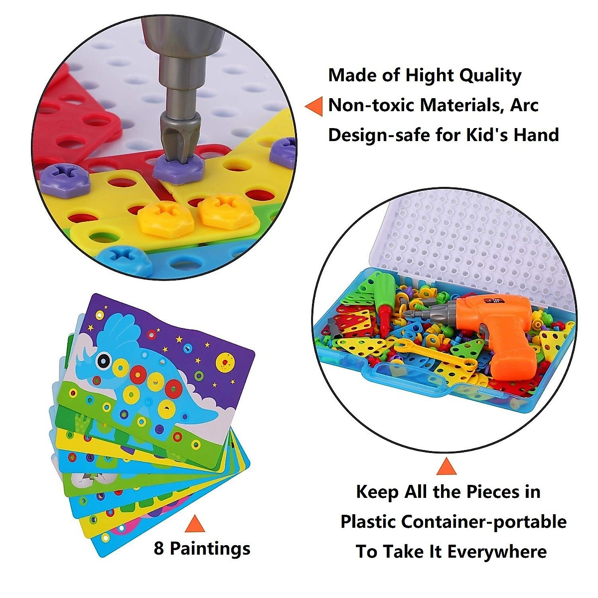 Drill Set Building Blocks, 224 Pieces Mosaic Drill Set for Kids,STEM Learning Educational Toys, Educational Construction Building kit for Boys Girls Toys Age 3 4 5 6 7 8 Years Old