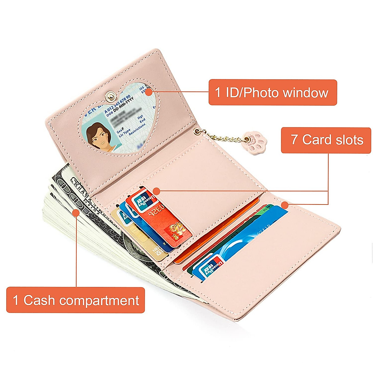 Sunwel Fashion Cute Little Cat Pattern Small Wallet Credit Card Holder Cash Pockets ID Window with Paw Pendant (BLACK, Tri-fold)