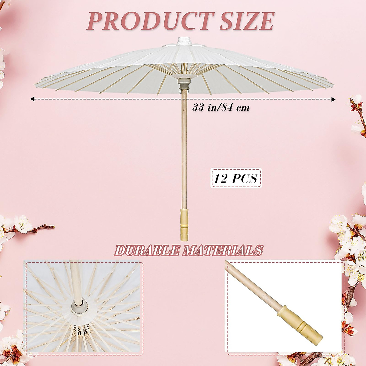 Paterr 24 Pcs 33'' Paper Umbrellas 8'' Paper Fans Decorative Chinese Japanese Parasol DIY Oiled Paper Painting Crafts for Wedding Bridal Party Favor Photography Prop, White