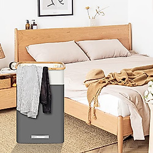 DAKCOS Laundry Basket with Bamboo Handles,80L Collapsible Laundry Hamper,Dirty Clothes Hamper for Bedroom, Bathroom,White-grey