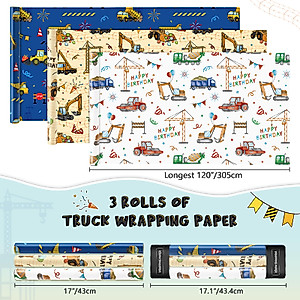 WERNNSAI Construction Wrapping Paper Rolls - 3 Short Rolls Birthday Wrapping Paper Rolls Kids Boys Wrapping Paper Rolls Trucks Wrapping Paper Blue Yellow White Gift Wrapping Paper with Cut Lines 17 in x 10 ft