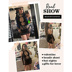 Avidlove Fishnet Lingerie Womens Mesh Chemise One Piece Babydoll Mini Dress Lace Sparkle Rhinestone Lingeries for Women Black