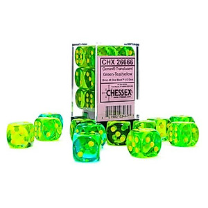 Gemini Dice Block | Set of 12 Size D6 Dice | Designed for Board Games, Roleplaying Games & Miniature Games | Premium Quality 16 mm | Translucent Green-Teal Yellow Color | Made by Chessex