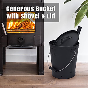 INNO STAGE Ash Bucket with Lid and Wood Handle Coal Shovel, Ash Carrier Pail Fireplace Tools,Fire Pit,Wood Burning Stove Black