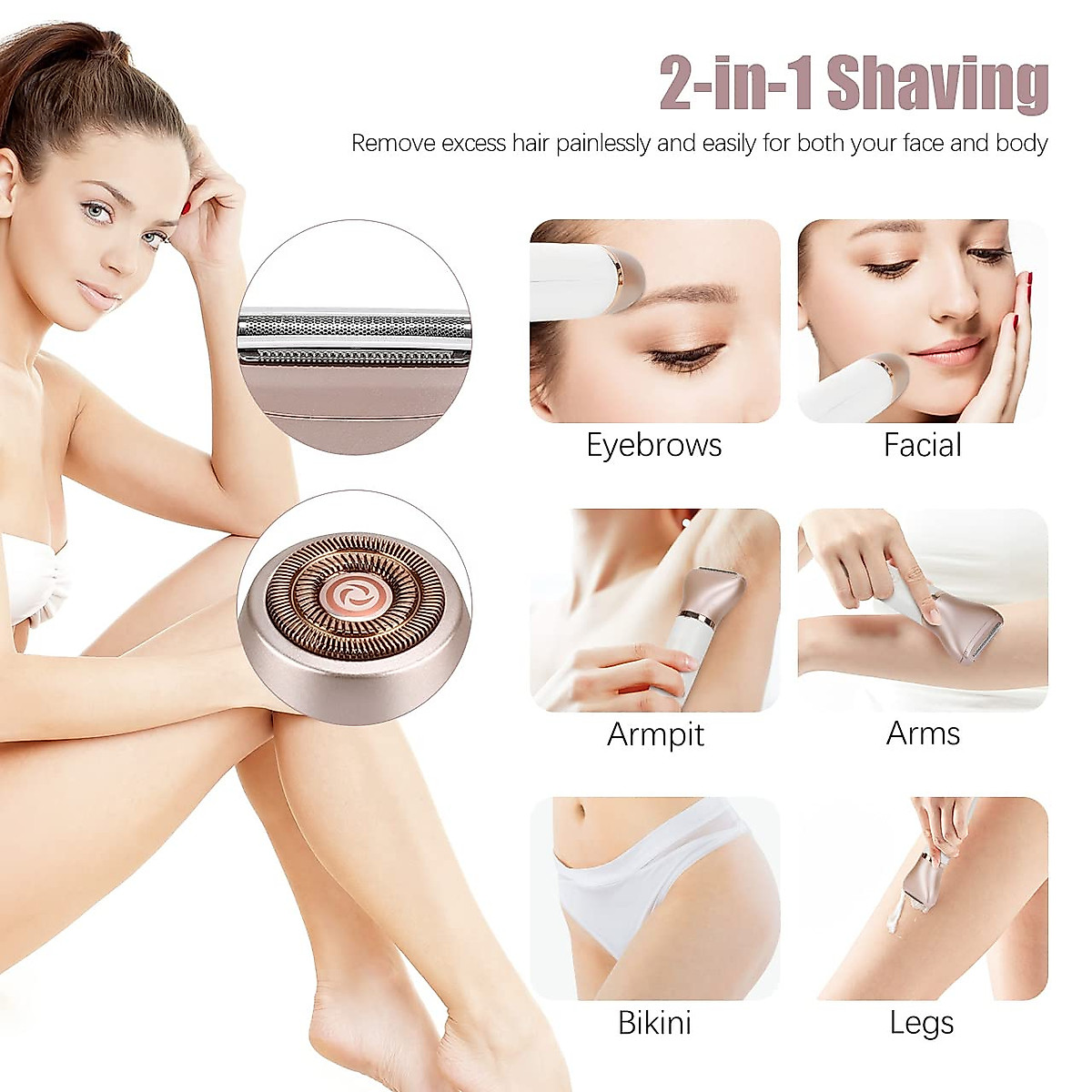 Electric Razor for Women, Laintene 2 in 1 Wet & Dry Hair Removal Trimmer, Waterproof Body Hair Groomers Lady Shaver for Legs, Underarms, Armpit, Face (Rose Gold)