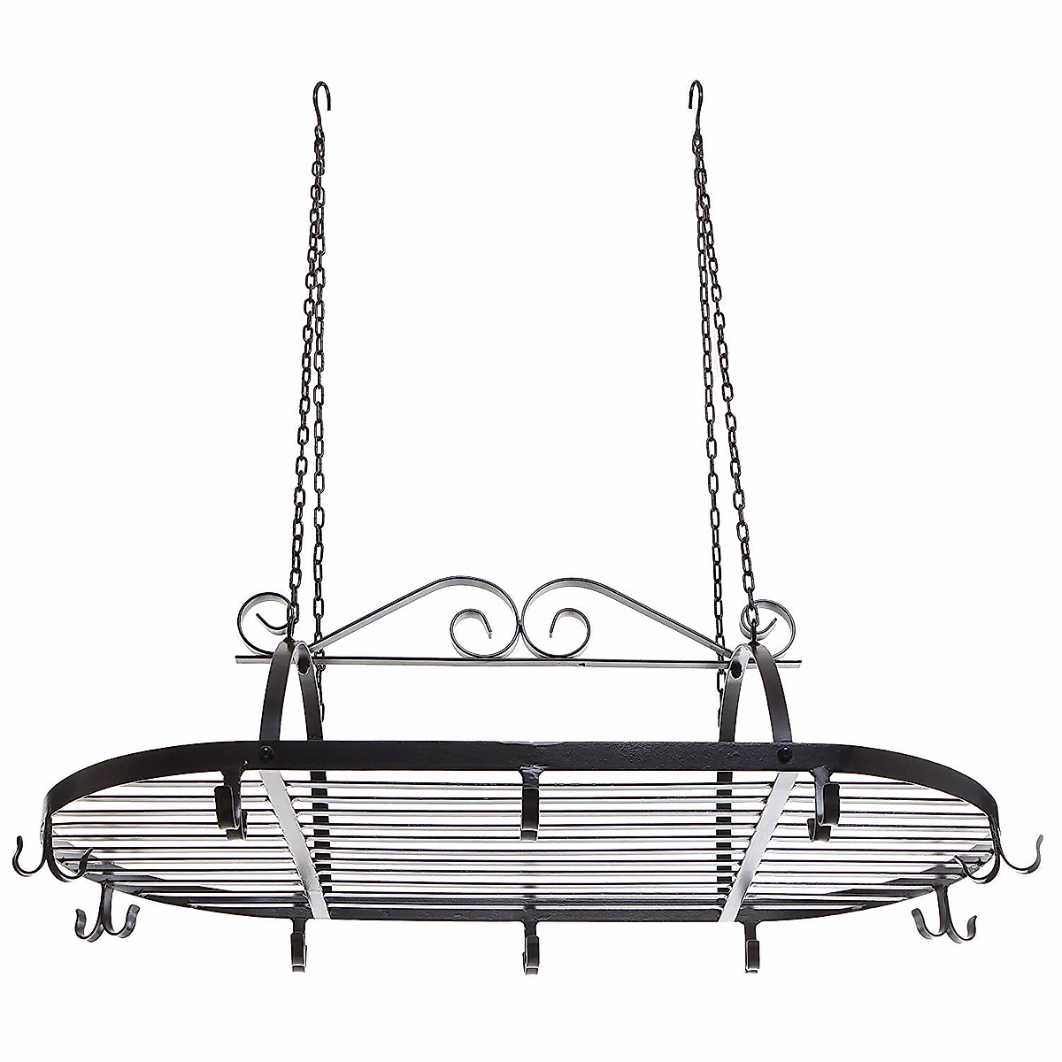 MyGift Black Scrollwork Metal Pot and Pan Ceiling Hanging Rack Heavy Duty Cooking Pans and Utensil Hanger with 10 Dual Hooks