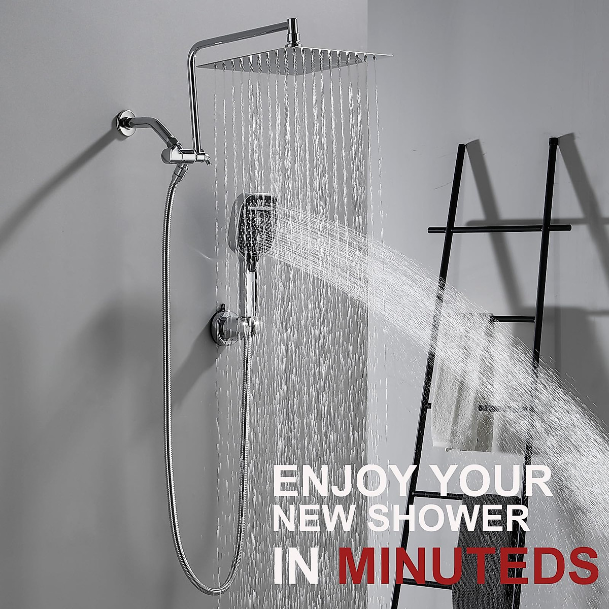 Rain Shower Heads with Handheld Spray Combo, 10 Inch High Pressure Rainfall Showerhead with 11" Extension Arm, 3-Setting Handhled Shower Head with Adjustable Suction Cup Shower Holder, Chrome